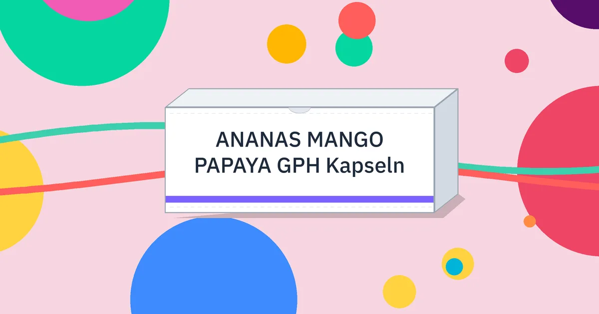 Symbolbild: Packung mit der Aufschrift ANANAS MANGO PAPAYA GPH Kapseln (PZN 03435342) – Verfügbarkeit und Bezug in Apotheken in Frankfurt am Main