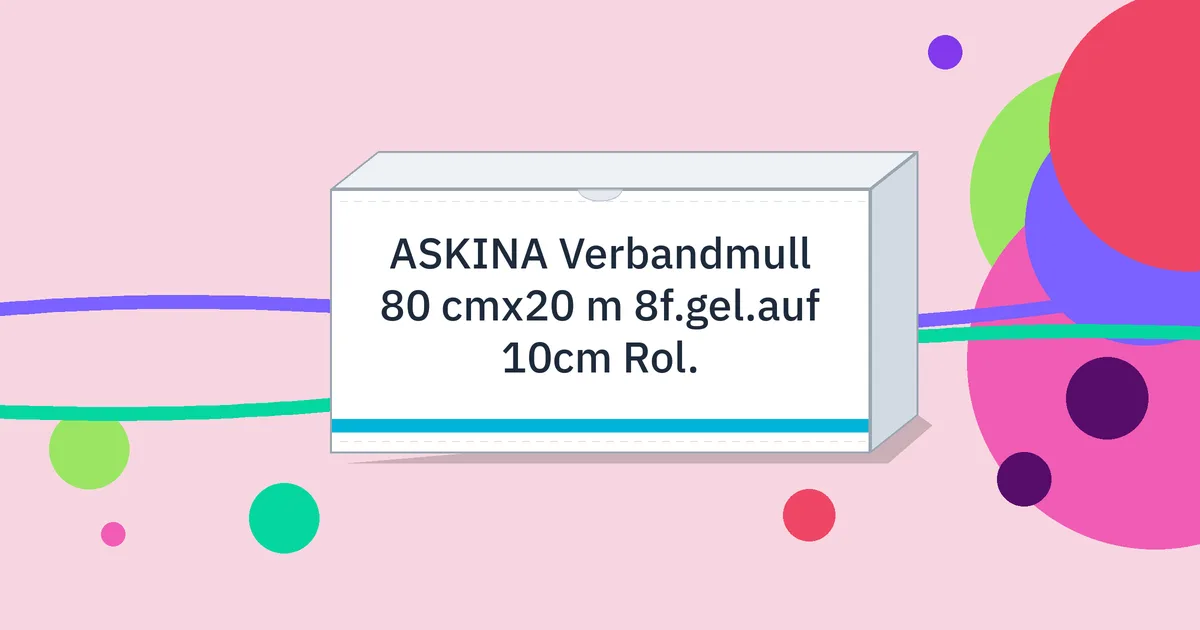 Symbolbild: Packung mit der Aufschrift ASKINA Verbandmull 80 cmx20 m 8f.gel.auf 10cm Rol. (PZN 11296618) – Verfügbarkeit und Bezug in Apotheken in Frankfurt am Main