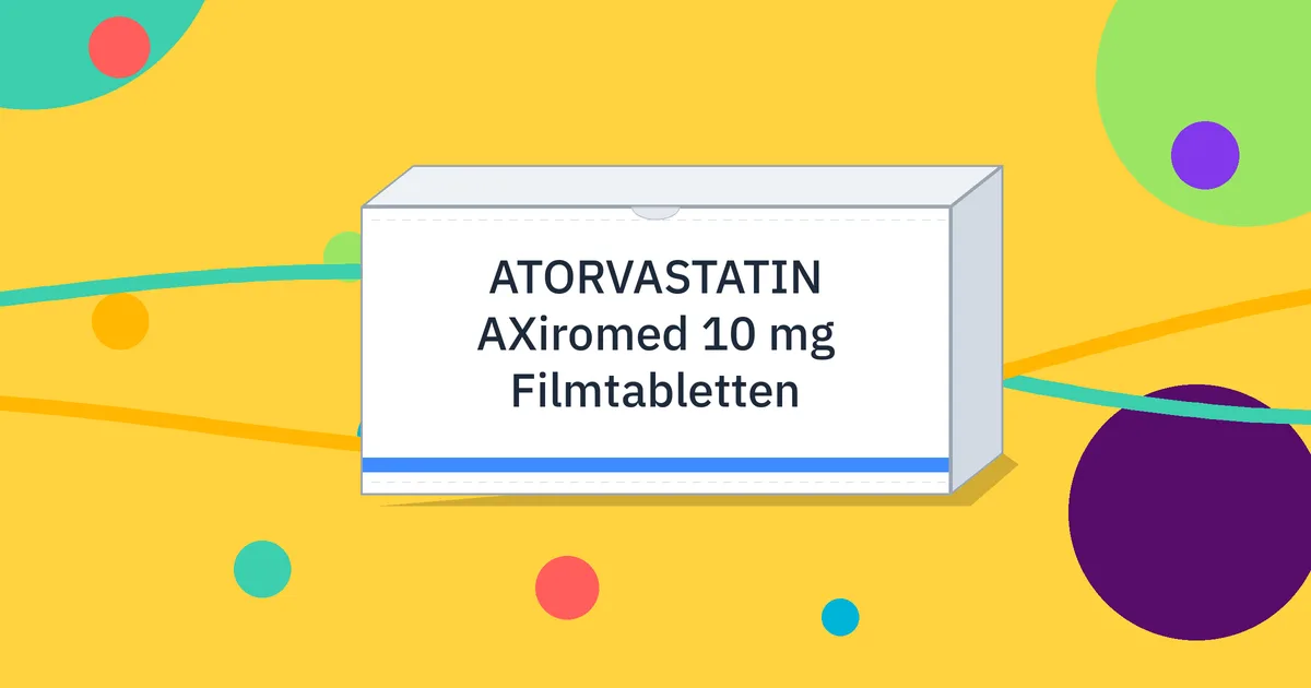 Symbolbild: Packung mit der Aufschrift ATORVASTATIN AXiromed 10 mg Filmtabletten (PZN 13896179) – Verfügbarkeit und Bezug in Apotheken in Frankfurt am Main