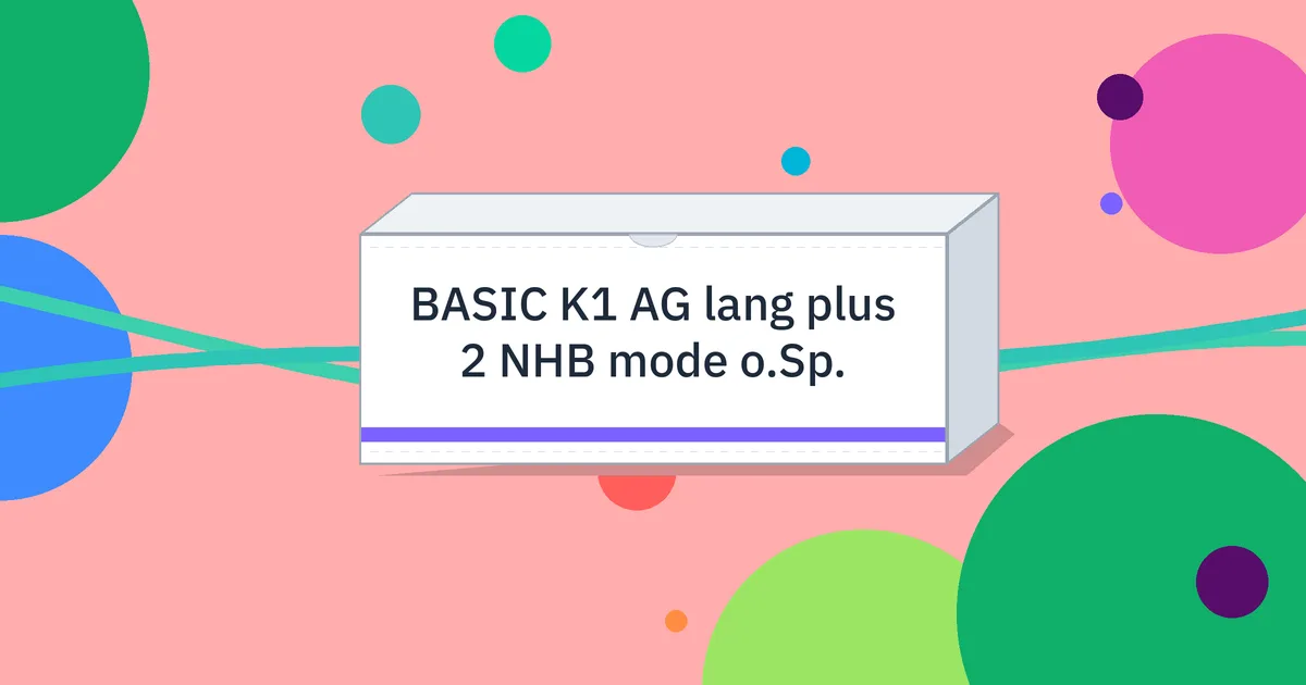 Symbolbild: Packung mit der Aufschrift BASIC K1 AG lang plus 2 NHB mode o.Sp. (PZN 20260269) – Verfügbarkeit und Bezug in Apotheken in Frankfurt am Main