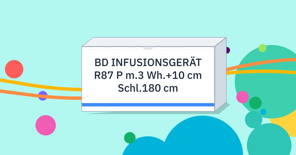 Symbolbild: Packung mit der Aufschrift BD INFUSIONSGERÄT R87 P m.3 Wh.+10 cm Schl.180 cm (PZN 01319301) – Verfügbarkeit und Bezug in Apotheken in Frankfurt am Main