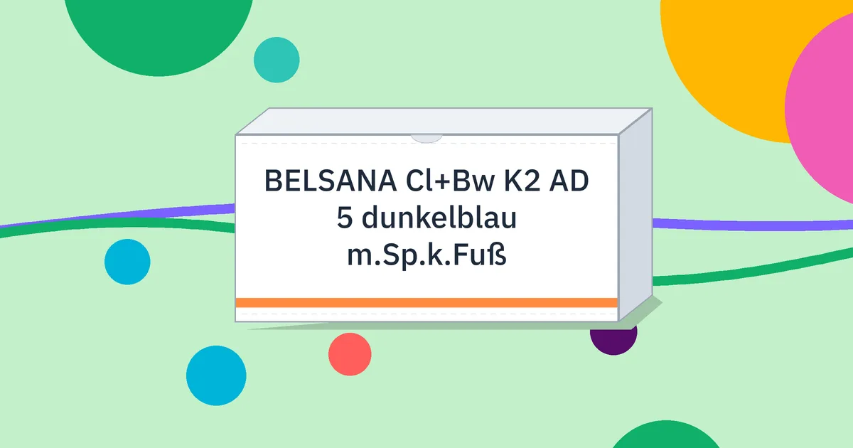 Symbolbild: Packung mit der Aufschrift BELSANA Cl+Bw K2 AD 5 dunkelblau m.Sp.k.Fuß (PZN 15626627) – Verfügbarkeit und Bezug in Apotheken in Frankfurt am Main
