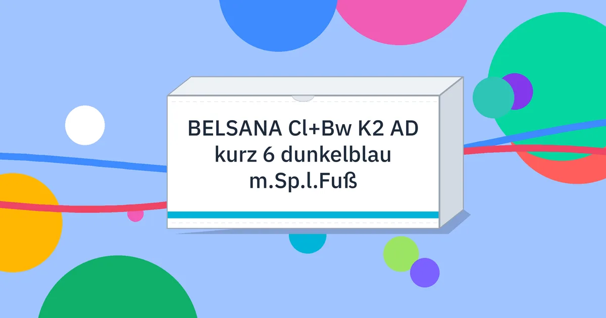 Symbolbild: Packung mit der Aufschrift BELSANA Cl+Bw K2 AD kurz 6 dunkelblau m.Sp.l.Fuß (PZN 15626768) – Verfügbarkeit und Bezug in Apotheken in Frankfurt am Main