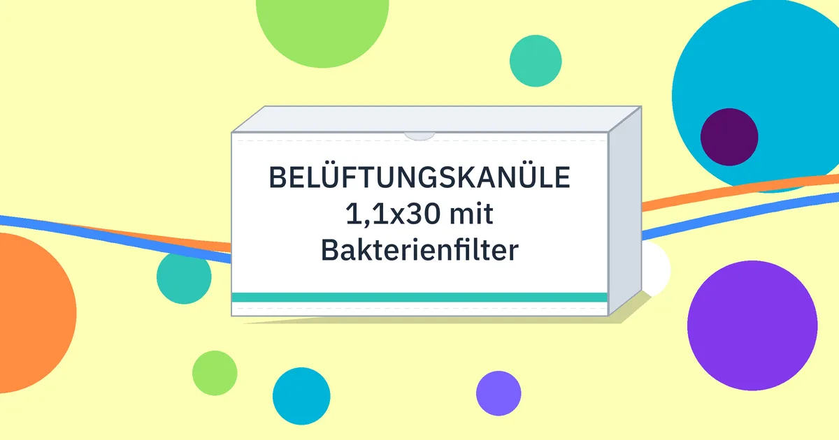 Symbolbild: Packung mit der Aufschrift BELÜFTUNGSKANÜLE 1,1x30 mit Bakterienfilter (PZN 18204306) – Verfügbarkeit und Bezug in Apotheken in Frankfurt am Main