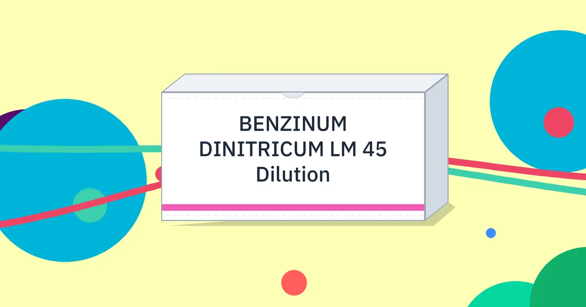 Symbolbild: Packung mit der Aufschrift BENZINUM DINITRICUM LM 45 Dilution (PZN 13382693) – Verfügbarkeit und Bezug in Apotheken in Frankfurt am Main