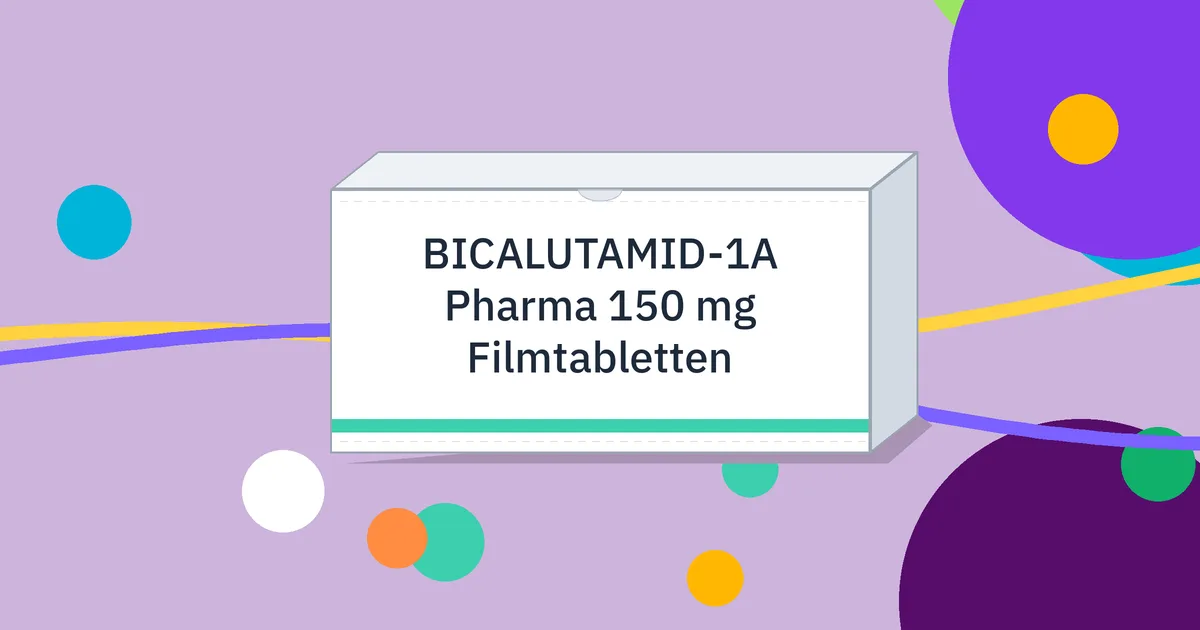 Symbolbild: Packung mit der Aufschrift BICALUTAMID-1A Pharma 150 mg Filmtabletten (PZN 08795766) – Verfügbarkeit und Bezug in Apotheken in Frankfurt am Main