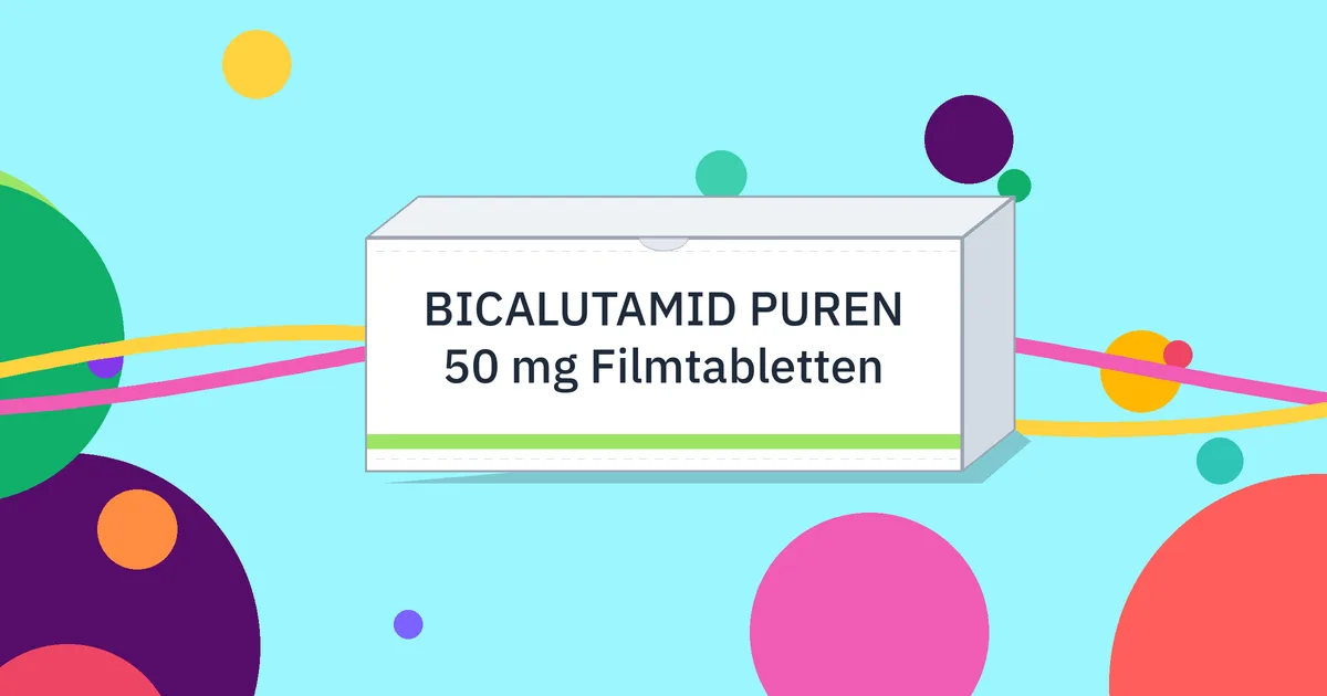 Symbolbild: Packung mit der Aufschrift BICALUTAMID PUREN 50 mg Filmtabletten (PZN 19720458) – Verfügbarkeit und Bezug in Apotheken in Frankfurt am Main