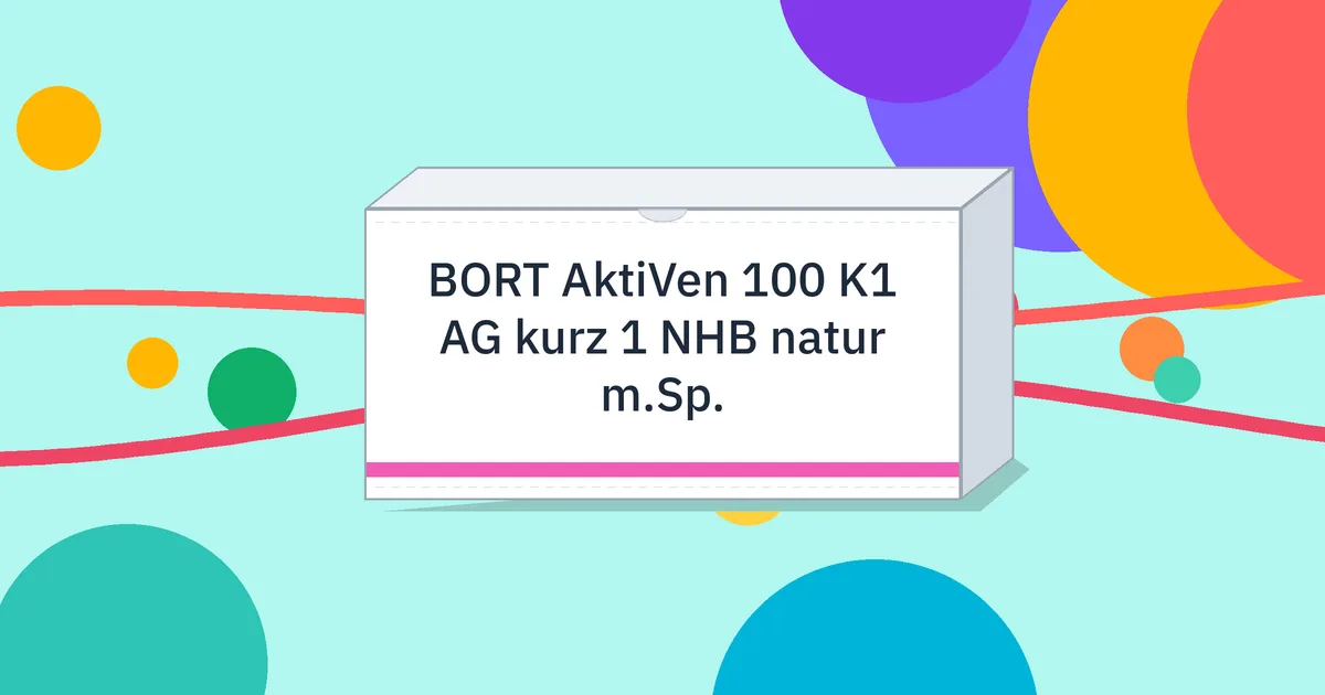Symbolbild: Packung mit der Aufschrift BORT AktiVen 100 K1 AG kurz 1 NHB natur m.Sp. (PZN 13729872) – Verfügbarkeit und Bezug in Apotheken in Frankfurt am Main