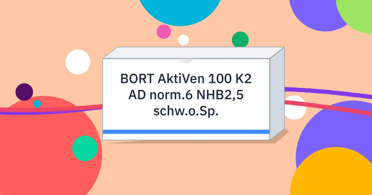 Symbolbild: Packung mit der Aufschrift BORT AktiVen 100 K2 AD norm.6 NHB2,5 schw.o.Sp. (PZN 17501657) – Verfügbarkeit und Bezug in Apotheken in Frankfurt am Main