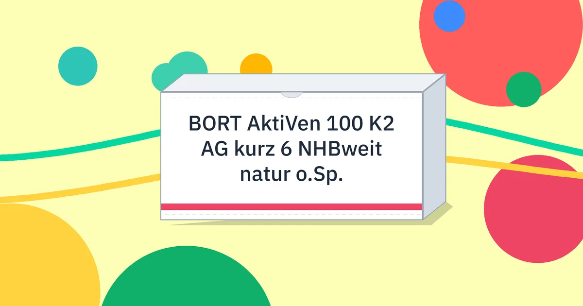 Symbolbild: Packung mit der Aufschrift BORT AktiVen 100 K2 AG kurz 6 NHBweit natur o.Sp. (PZN 13730349) – Verfügbarkeit und Bezug in Apotheken in Frankfurt am Main