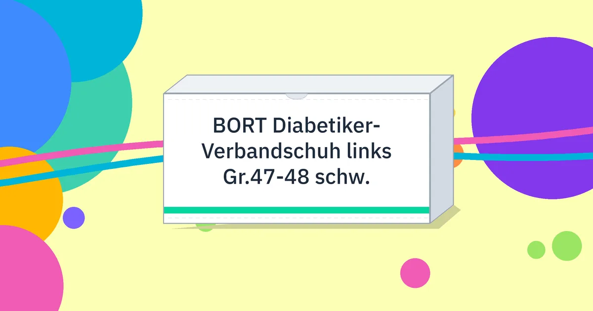 Symbolbild: Packung mit der Aufschrift BORT Diabetiker-Verbandschuh links Gr.47-48 schw. (PZN 11581276) – Verfügbarkeit und Bezug in Apotheken in Frankfurt am Main