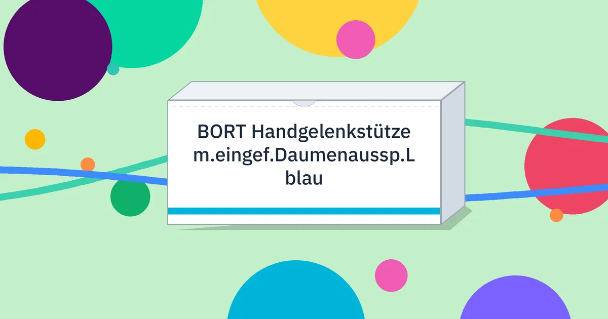Symbolbild: Packung mit der Aufschrift BORT Handgelenkstütze m.eingef.Daumenaussp.L blau (PZN 00233193) – Verfügbarkeit und Bezug in Apotheken in Frankfurt am Main