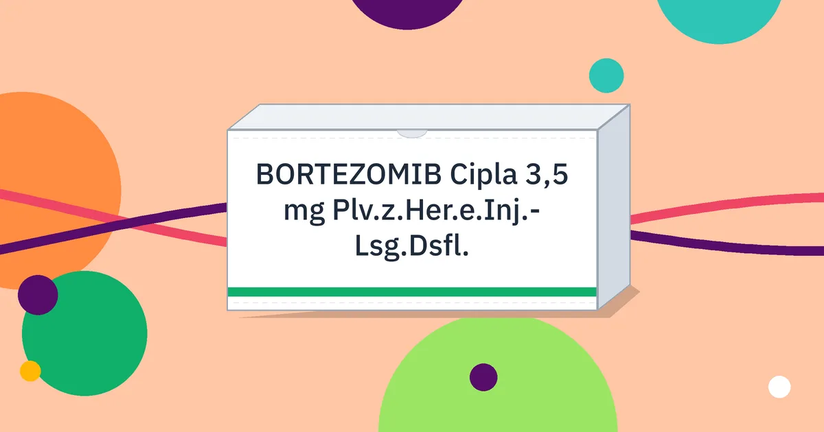 Symbolbild: Packung mit der Aufschrift BORTEZOMIB Cipla 3,5 mg Plv.z.Her.e.Inj.-Lsg.Dsfl. (PZN 16821348) – Verfügbarkeit und Bezug in Apotheken in Frankfurt am Main