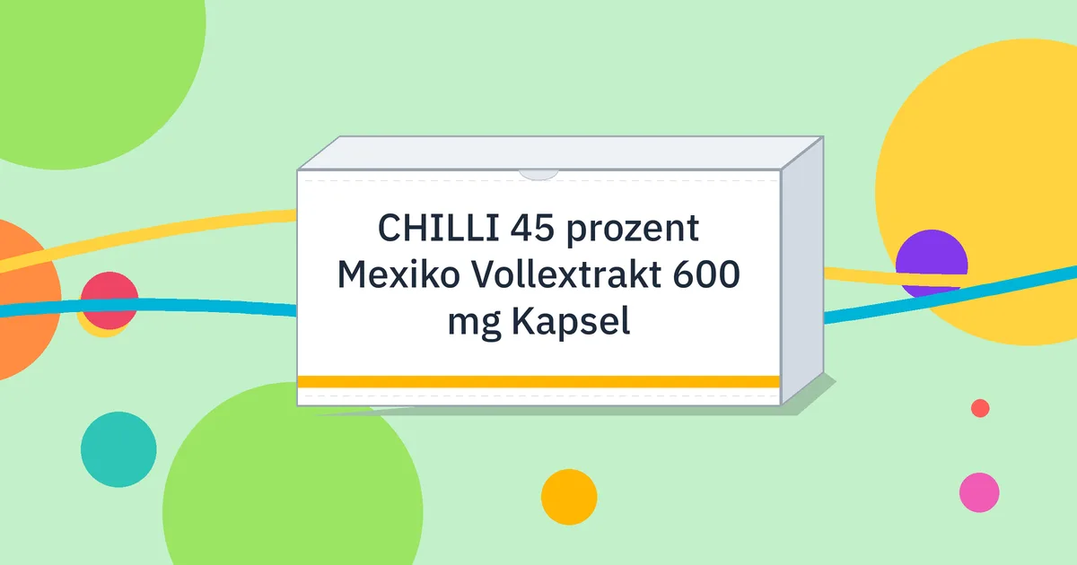 Symbolbild: Packung mit der Aufschrift CHILLI 45 prozent Mexiko Vollextrakt 600 mg Kapsel (PZN 12725725) – Verfügbarkeit und Bezug in Apotheken in Frankfurt am Main