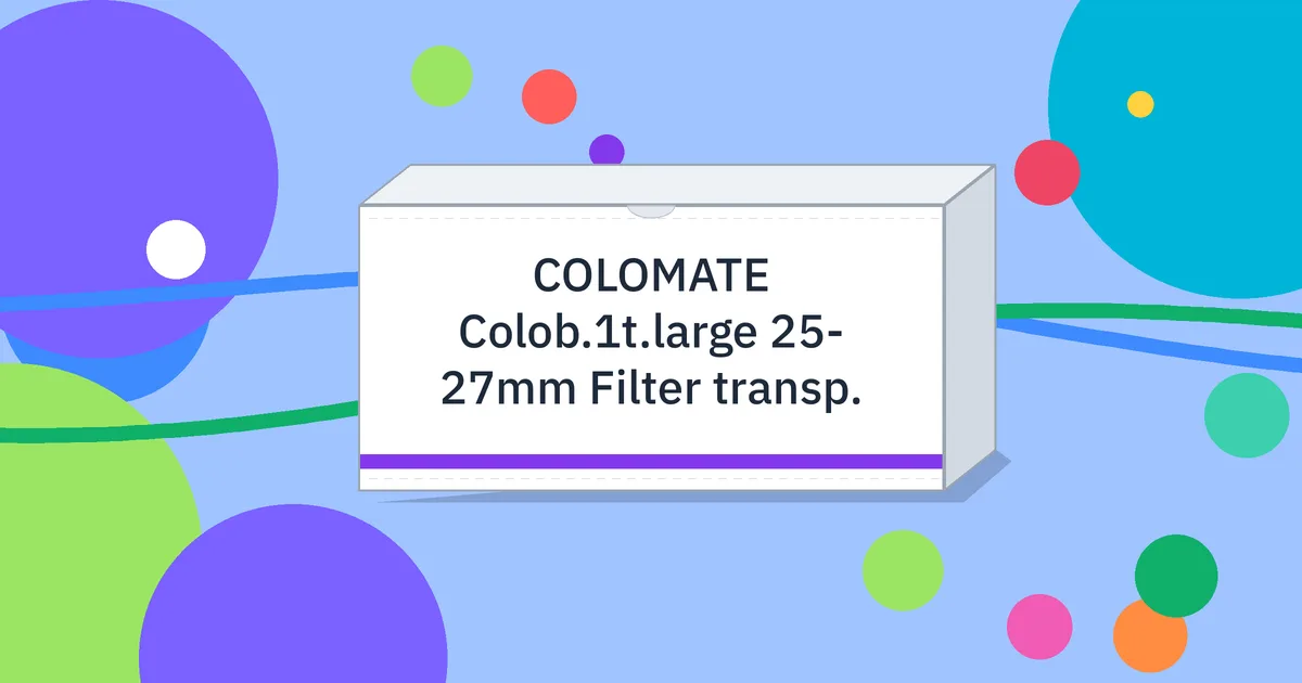 Symbolbild: Packung mit der Aufschrift COLOMATE Colob.1t.large 25-27mm Filter transp. (PZN 03740200) – Verfügbarkeit und Bezug in Apotheken in Frankfurt am Main