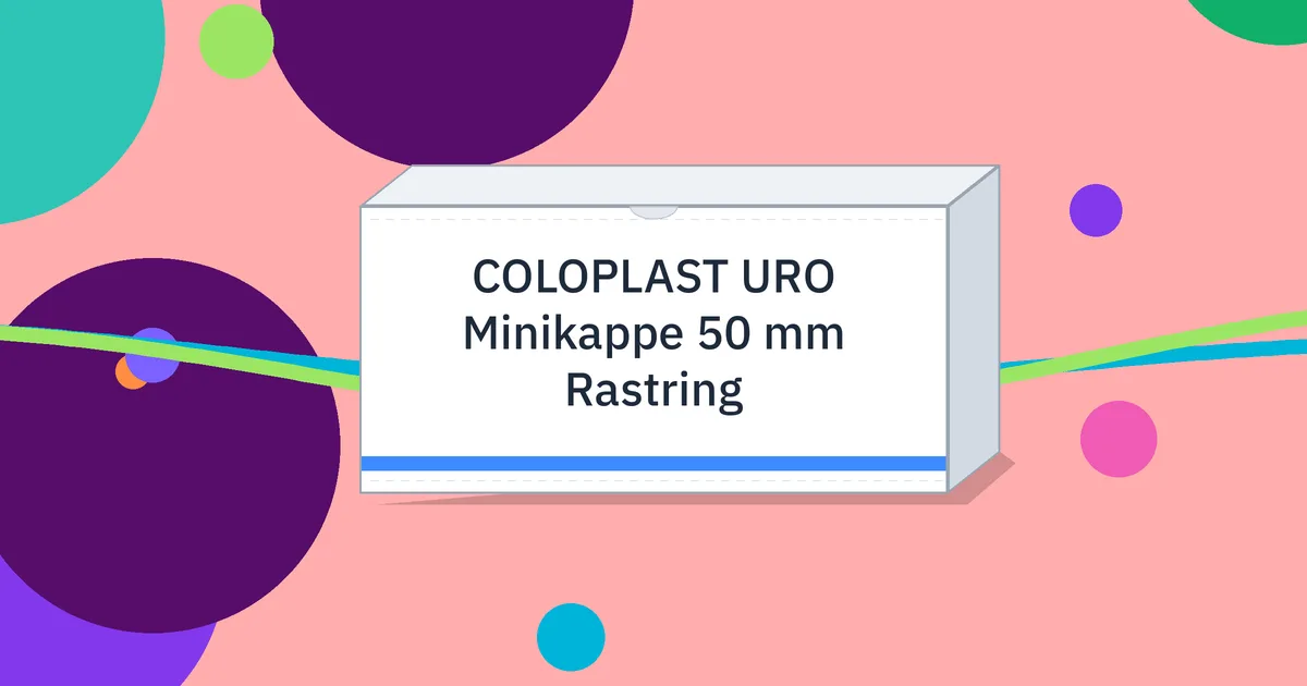 Symbolbild: Packung mit der Aufschrift COLOPLAST URO Minikappe 50 mm Rastring (PZN 07210249) – Verfügbarkeit und Bezug in Apotheken in Frankfurt am Main