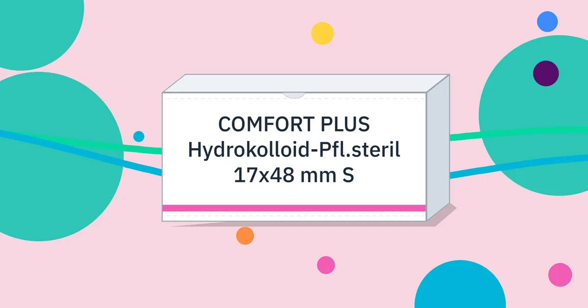 Symbolbild: Packung mit der Aufschrift COMFORT PLUS Hydrokolloid-Pfl.steril 17x48 mm S (PZN 12415864) – Verfügbarkeit und Bezug in Apotheken in Frankfurt am Main