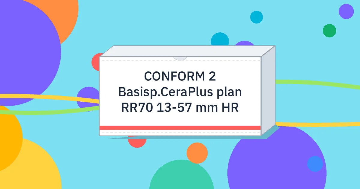 Symbolbild: Packung mit der Aufschrift CONFORM 2 Basisp.CeraPlus plan RR70 13-57 mm HR (PZN 16851510) – Verfügbarkeit und Bezug in Apotheken in Frankfurt am Main