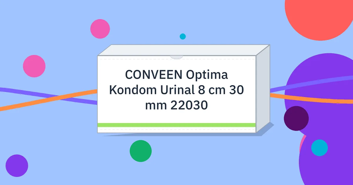 Symbolbild: Packung mit der Aufschrift CONVEEN Optima Kondom Urinal 8 cm 30 mm 22030 (PZN 20769501) – Verfügbarkeit und Bezug in Apotheken in Frankfurt am Main