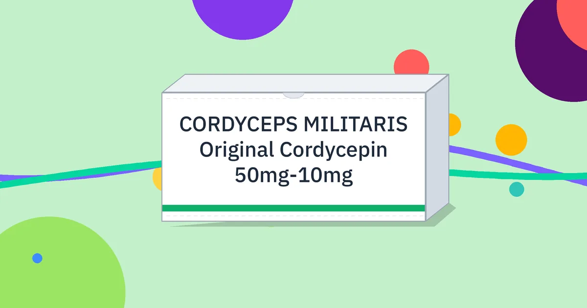 Symbolbild: Packung mit der Aufschrift CORDYCEPS MILITARIS Original Cordycepin 50mg-10mg (PZN 16242314) – Verfügbarkeit und Bezug in Apotheken in Frankfurt am Main