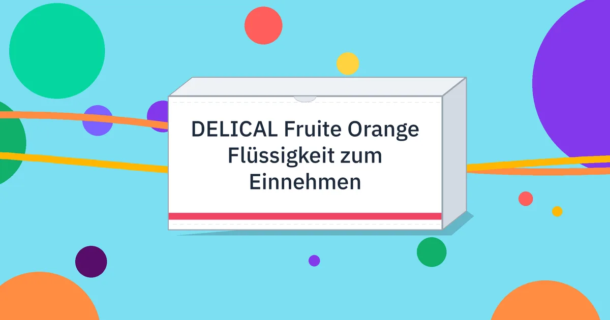 Symbolbild: Packung mit der Aufschrift DELICAL Fruite Orange Flüssigkeit zum Einnehmen (PZN 15744893) – Verfügbarkeit und Bezug in Apotheken in Frankfurt am Main