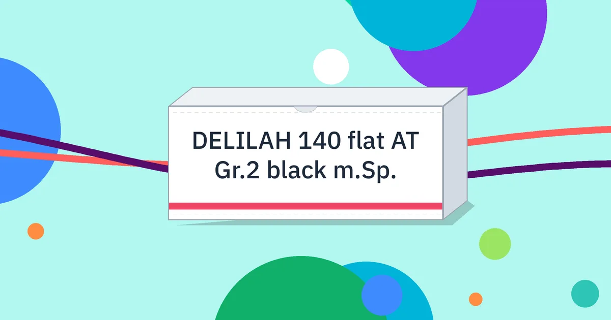 Symbolbild: Packung mit der Aufschrift DELILAH 140 flat AT Gr.2 black m.Sp. (PZN 14247632) – Verfügbarkeit und Bezug in Apotheken in Frankfurt am Main