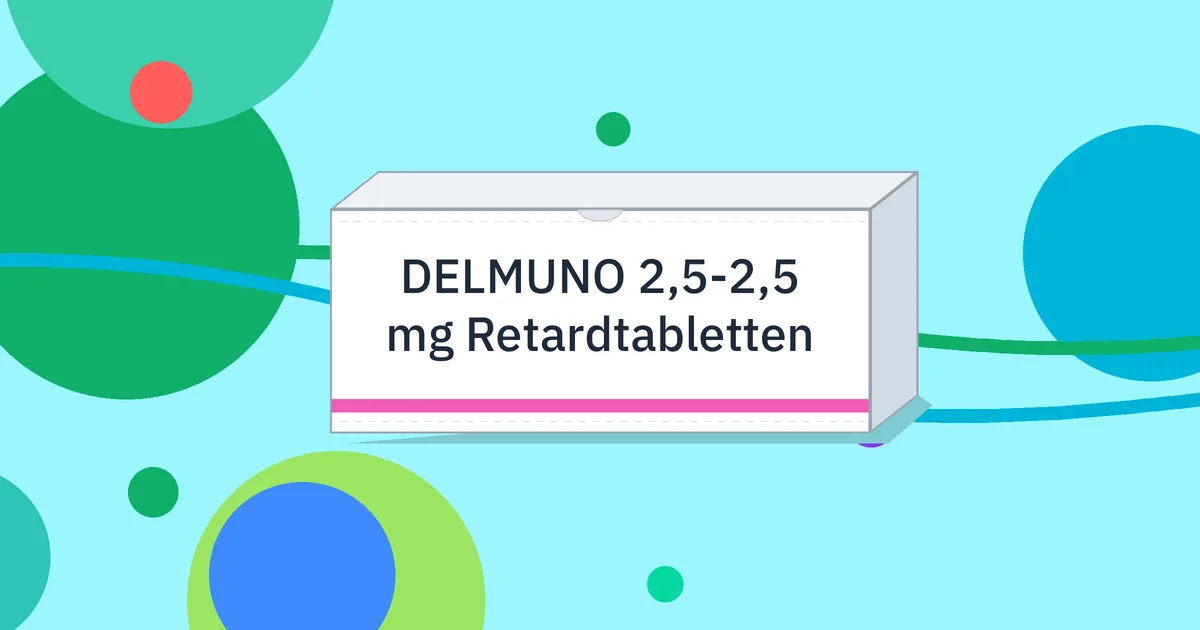 Symbolbild: Packung mit der Aufschrift DELMUNO 2,5-2,5 mg Retardtabletten (PZN 14854645) – Verfügbarkeit und Bezug in Apotheken in Frankfurt am Main