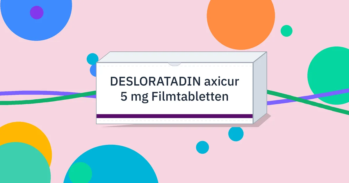 Symbolbild: Packung mit der Aufschrift DESLORATADIN axicur 5 mg Filmtabletten (PZN 20301005) – Verfügbarkeit und Bezug in Apotheken in Frankfurt am Main