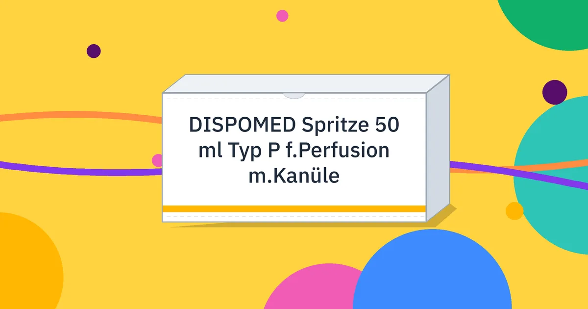 Symbolbild: Packung mit der Aufschrift DISPOMED Spritze 50 ml Typ P f.Perfusion m.Kanüle (PZN 08495076) – Verfügbarkeit und Bezug in Apotheken in Frankfurt am Main