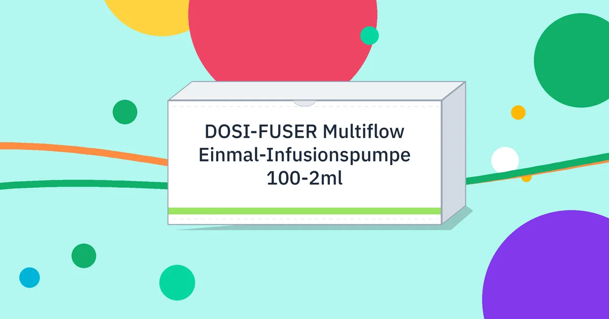 Symbolbild: Packung mit der Aufschrift DOSI-FUSER Multiflow Einmal-Infusionspumpe 100-2ml (PZN 06617606) – Verfügbarkeit und Bezug in Apotheken in Frankfurt am Main