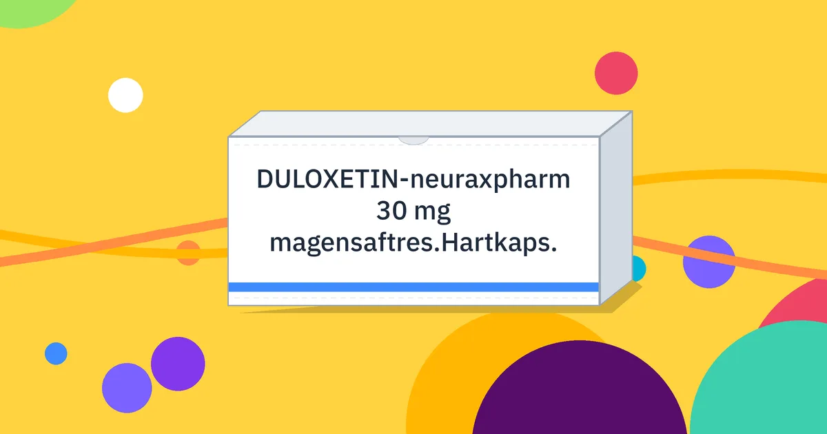Symbolbild: Packung mit der Aufschrift DULOXETIN-neuraxpharm 30 mg magensaftres.Hartkaps. (PZN 14289518) – Verfügbarkeit und Bezug in Apotheken in Frankfurt am Main