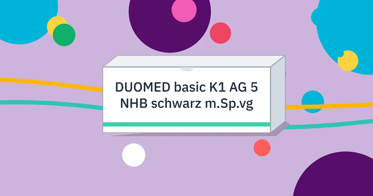 Symbolbild: Packung mit der Aufschrift DUOMED basic K1 AG 5 NHB schwarz m.Sp.vg (PZN 20905542) – Verfügbarkeit und Bezug in Apotheken in Frankfurt am Main