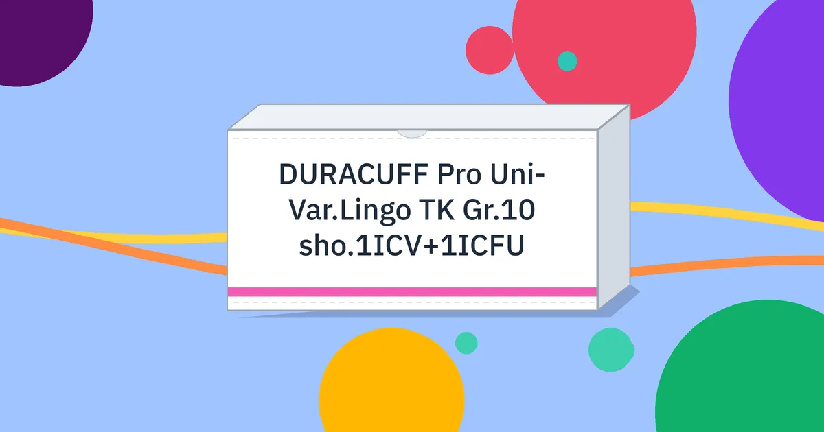 Symbolbild: Packung mit der Aufschrift DURACUFF Pro Uni-Var.Lingo TK Gr.10 sho.1ICV+1ICFU (PZN 19244443) – Verfügbarkeit und Bezug in Apotheken in Frankfurt am Main