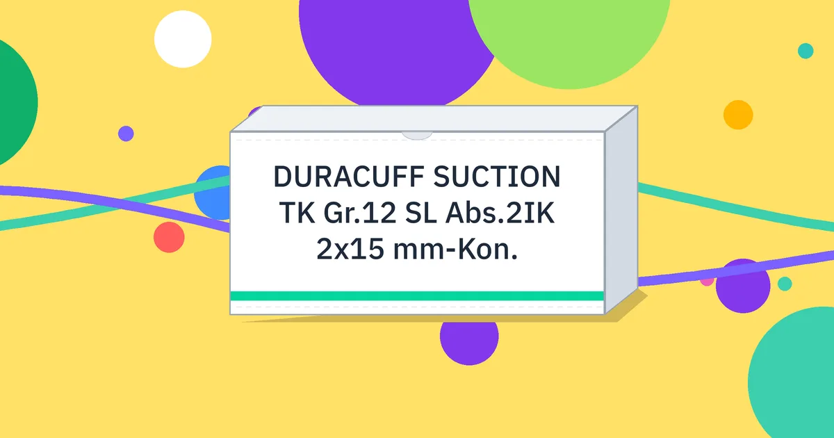 Symbolbild: Packung mit der Aufschrift DURACUFF SUCTION TK Gr.12 SL Abs.2IK 2x15 mm-Kon. (PZN 04959952) – Verfügbarkeit und Bezug in Apotheken in Frankfurt am Main
