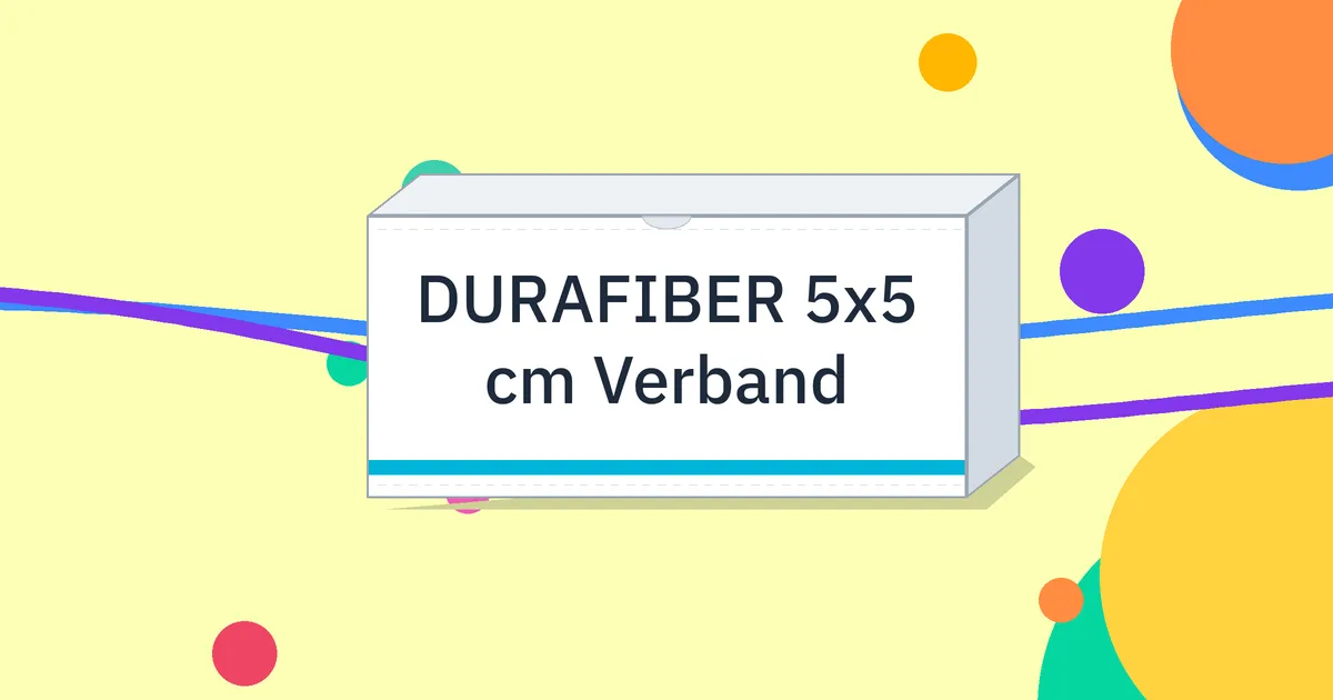 Symbolbild: Packung mit der Aufschrift DURAFIBER 5x5 cm Verband (PZN 17606327) – Verfügbarkeit und Bezug in Apotheken in Frankfurt am Main