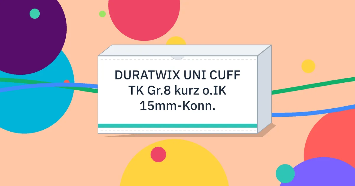 Symbolbild: Packung mit der Aufschrift DURATWIX UNI CUFF TK Gr.8 kurz o.IK 15mm-Konn. (PZN 06964934) – Verfügbarkeit und Bezug in Apotheken in Frankfurt am Main