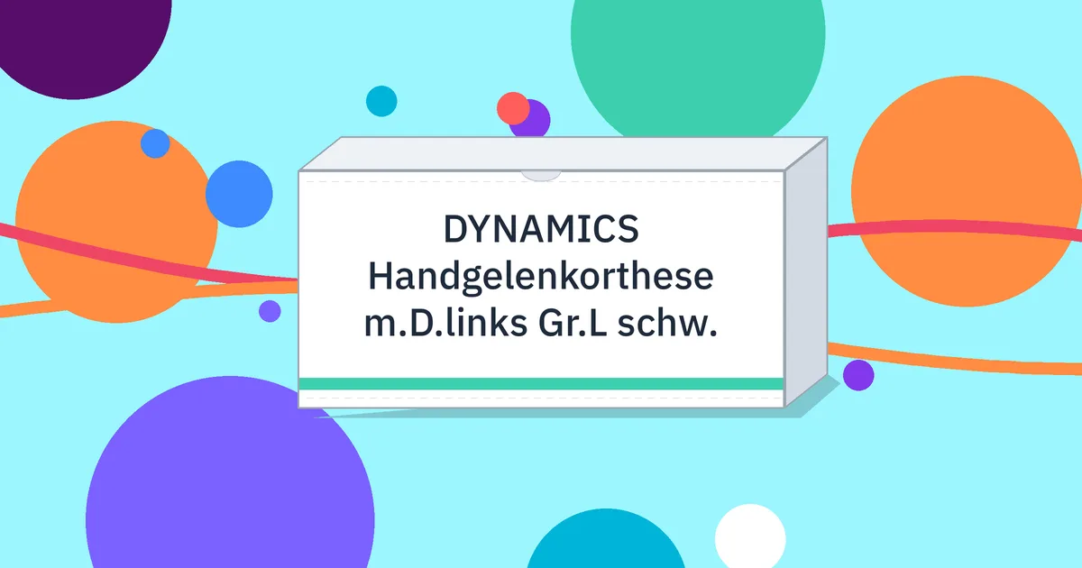 Symbolbild: Packung mit der Aufschrift DYNAMICS Handgelenkorthese m.D.links Gr.L schw. (PZN 10633166) – Verfügbarkeit und Bezug in Apotheken in Frankfurt am Main