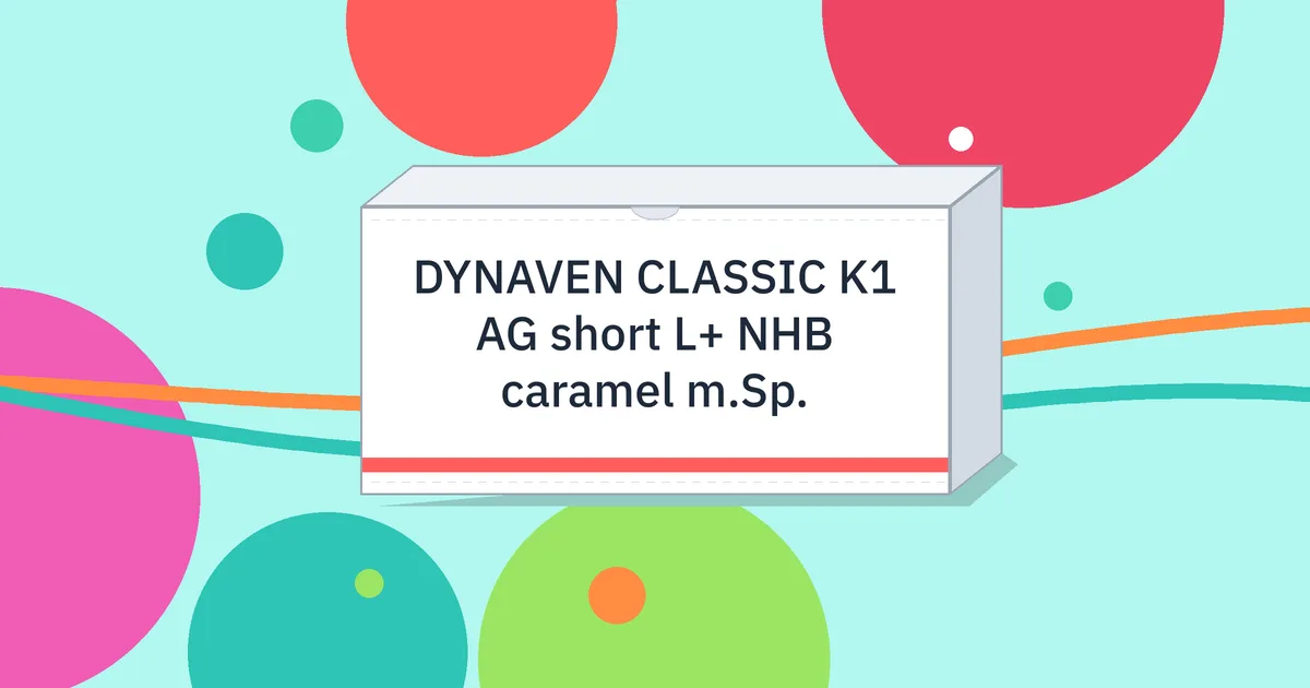 Symbolbild: Packung mit der Aufschrift DYNAVEN CLASSIC K1 AG short L+ NHB caramel m.Sp. (PZN 18415871) – Verfügbarkeit und Bezug in Apotheken in Frankfurt am Main