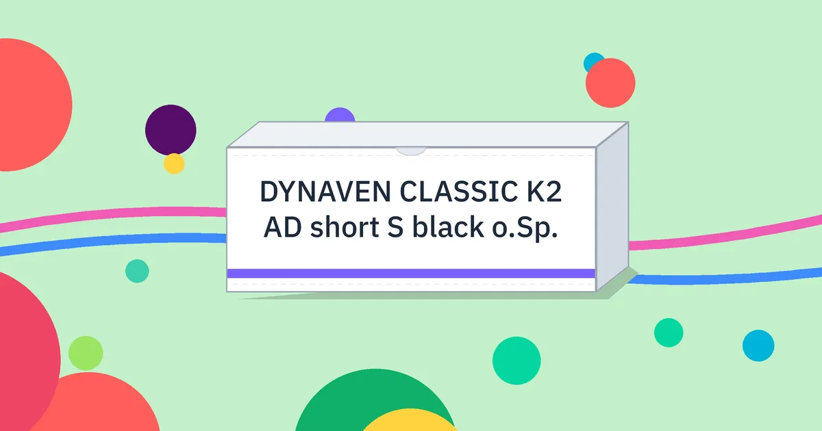 Symbolbild: Packung mit der Aufschrift DYNAVEN CLASSIC K2 AD short S black o.Sp. (PZN 18417060) – Verfügbarkeit und Bezug in Apotheken in Frankfurt am Main
