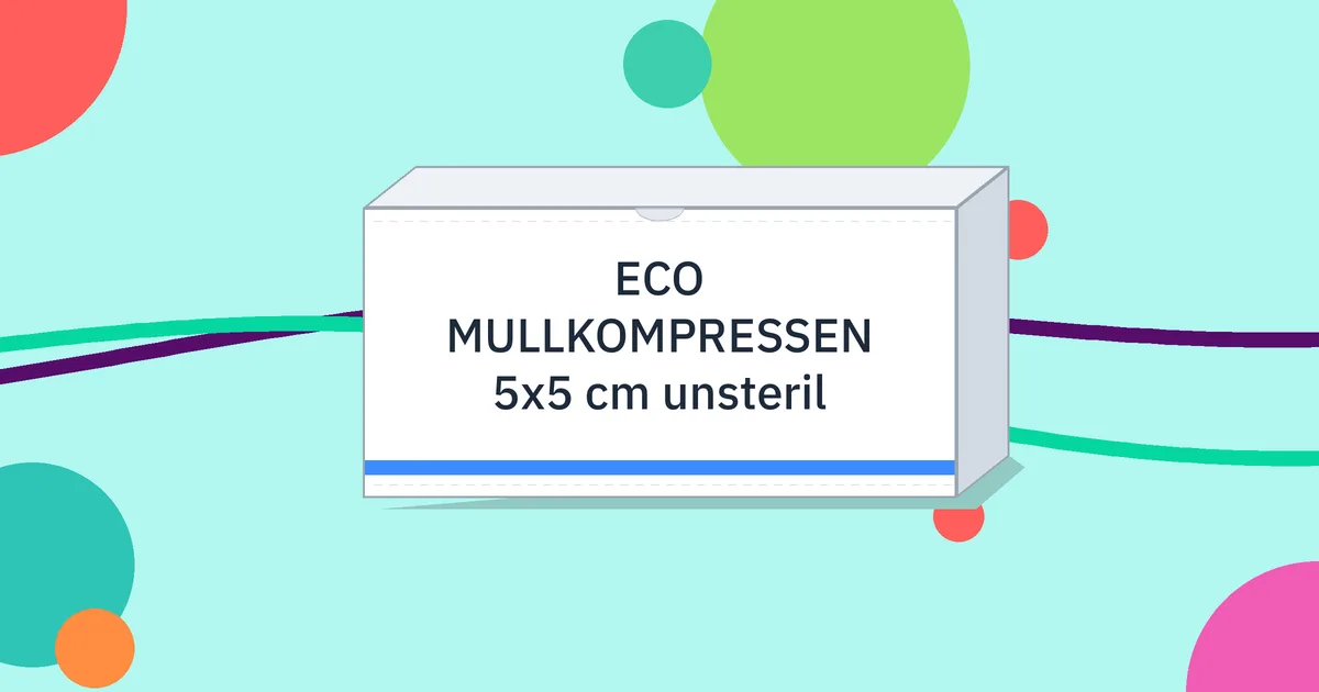 Symbolbild: Packung mit der Aufschrift ECO MULLKOMPRESSEN 5x5 cm unsteril (PZN 10406737) – Verfügbarkeit und Bezug in Apotheken in Frankfurt am Main