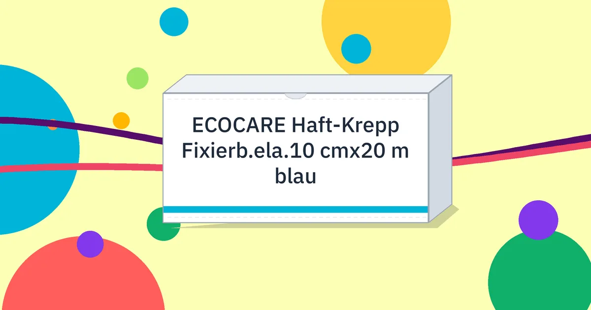 Symbolbild: Packung mit der Aufschrift ECOCARE Haft-Krepp Fixierb.ela.10 cmx20 m blau (PZN 11518757) – Verfügbarkeit und Bezug in Apotheken in Frankfurt am Main