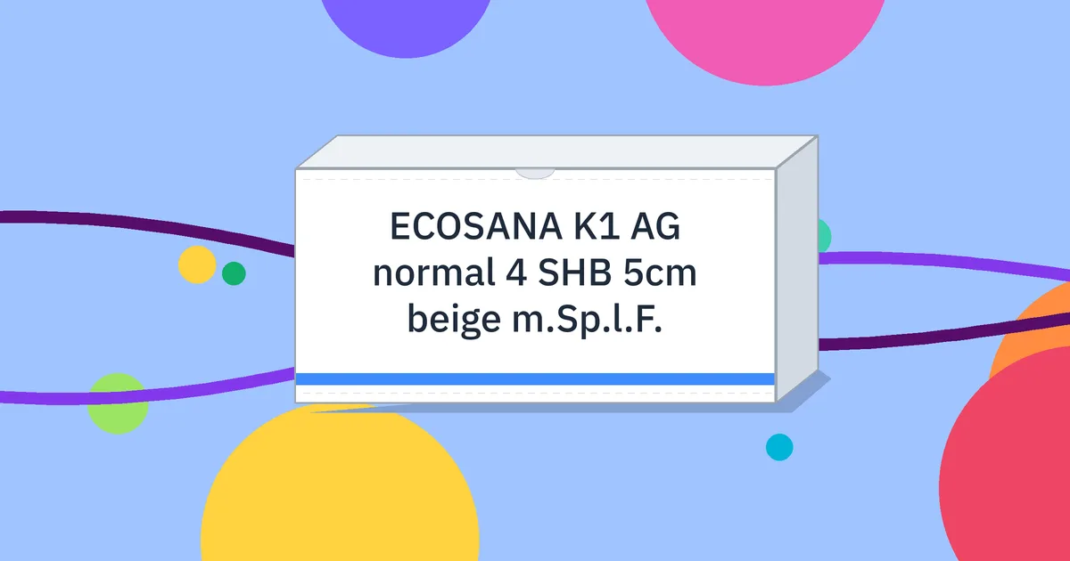Symbolbild: Packung mit der Aufschrift ECOSANA K1 AG normal 4 SHB 5cm beige m.Sp.l.F. (PZN 04728253) – Verfügbarkeit und Bezug in Apotheken in Frankfurt am Main