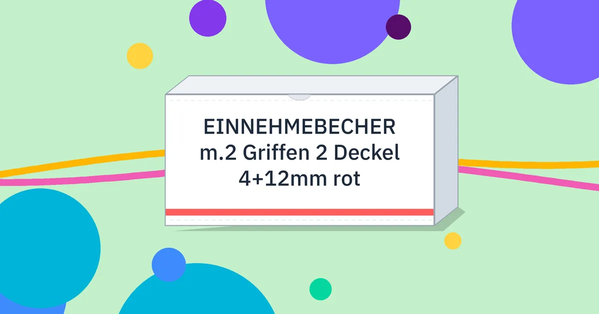 Symbolbild: Packung mit der Aufschrift EINNEHMEBECHER m.2 Griffen 2 Deckel 4+12mm rot (PZN 10124074) – Verfügbarkeit und Bezug in Apotheken in Frankfurt am Main