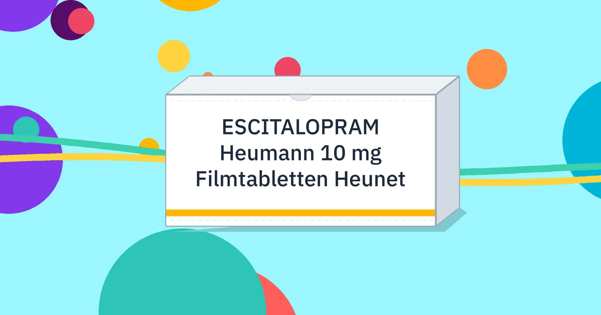 Symbolbild: Packung mit der Aufschrift ESCITALOPRAM Heumann 10 mg Filmtabletten Heunet (PZN 12581752) – Verfügbarkeit und Bezug in Apotheken in Frankfurt am Main