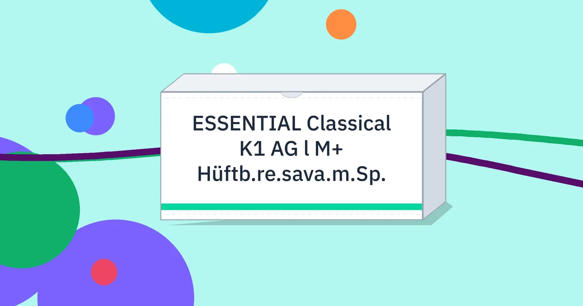 Symbolbild: Packung mit der Aufschrift ESSENTIAL Classical K1 AG l M+ Hüftb.re.sava.m.Sp. (PZN 17013082) – Verfügbarkeit und Bezug in Apotheken in Frankfurt am Main