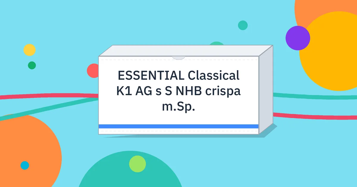Symbolbild: Packung mit der Aufschrift ESSENTIAL Classical K1 AG s S NHB crispa m.Sp. (PZN 17003221) – Verfügbarkeit und Bezug in Apotheken in Frankfurt am Main