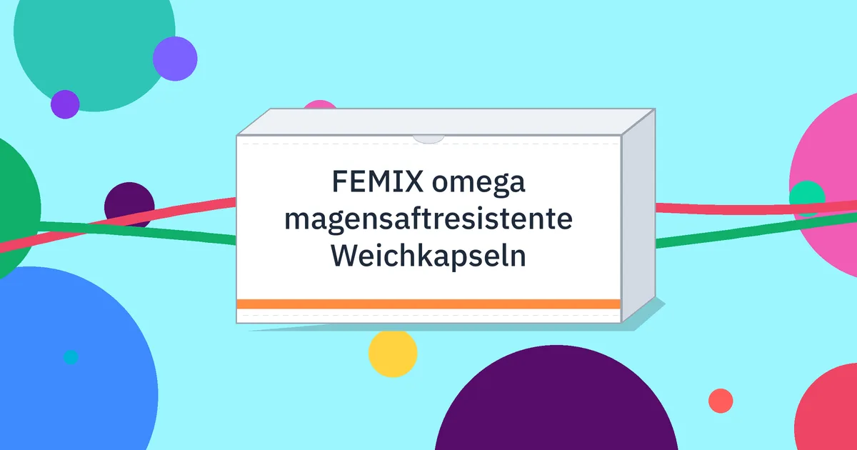 Symbolbild: Packung mit der Aufschrift FEMIX omega magensaftresistente Weichkapseln (PZN 14018311) – Verfügbarkeit und Bezug in Apotheken in Frankfurt am Main