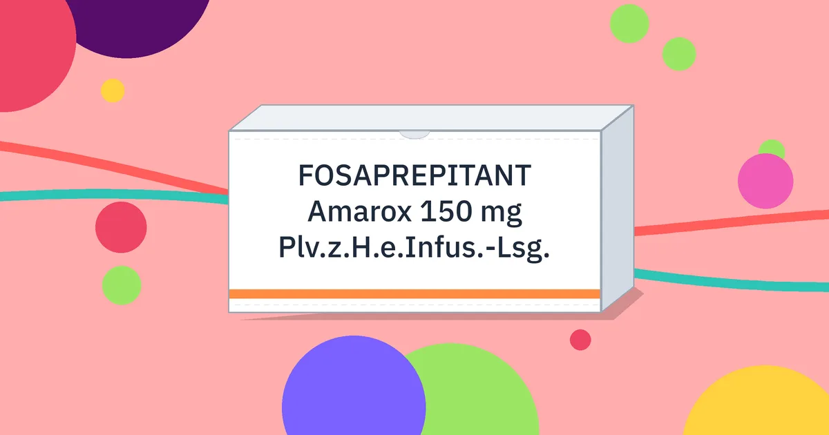 Symbolbild: Packung mit der Aufschrift FOSAPREPITANT Amarox 150 mg Plv.z.H.e.Infus.-Lsg. (PZN 18747231) – Verfügbarkeit und Bezug in Apotheken in Frankfurt am Main