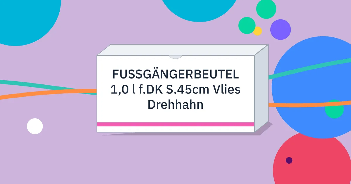 Symbolbild: Packung mit der Aufschrift FUSSGÄNGERBEUTEL 1,0 l f.DK S.45cm Vlies Drehhahn (PZN 06096691) – Verfügbarkeit und Bezug in Apotheken in Frankfurt am Main