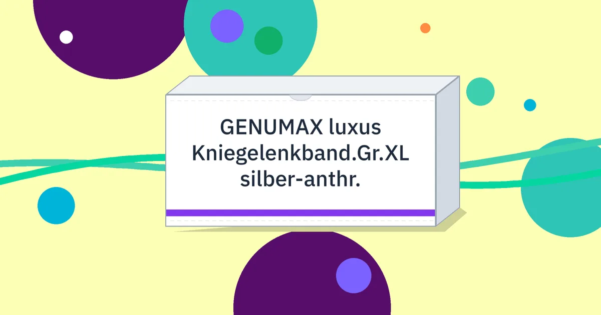 Symbolbild: Packung mit der Aufschrift GENUMAX luxus Kniegelenkband.Gr.XL silber-anthr. (PZN 11097333) – Verfügbarkeit und Bezug in Apotheken in Frankfurt am Main